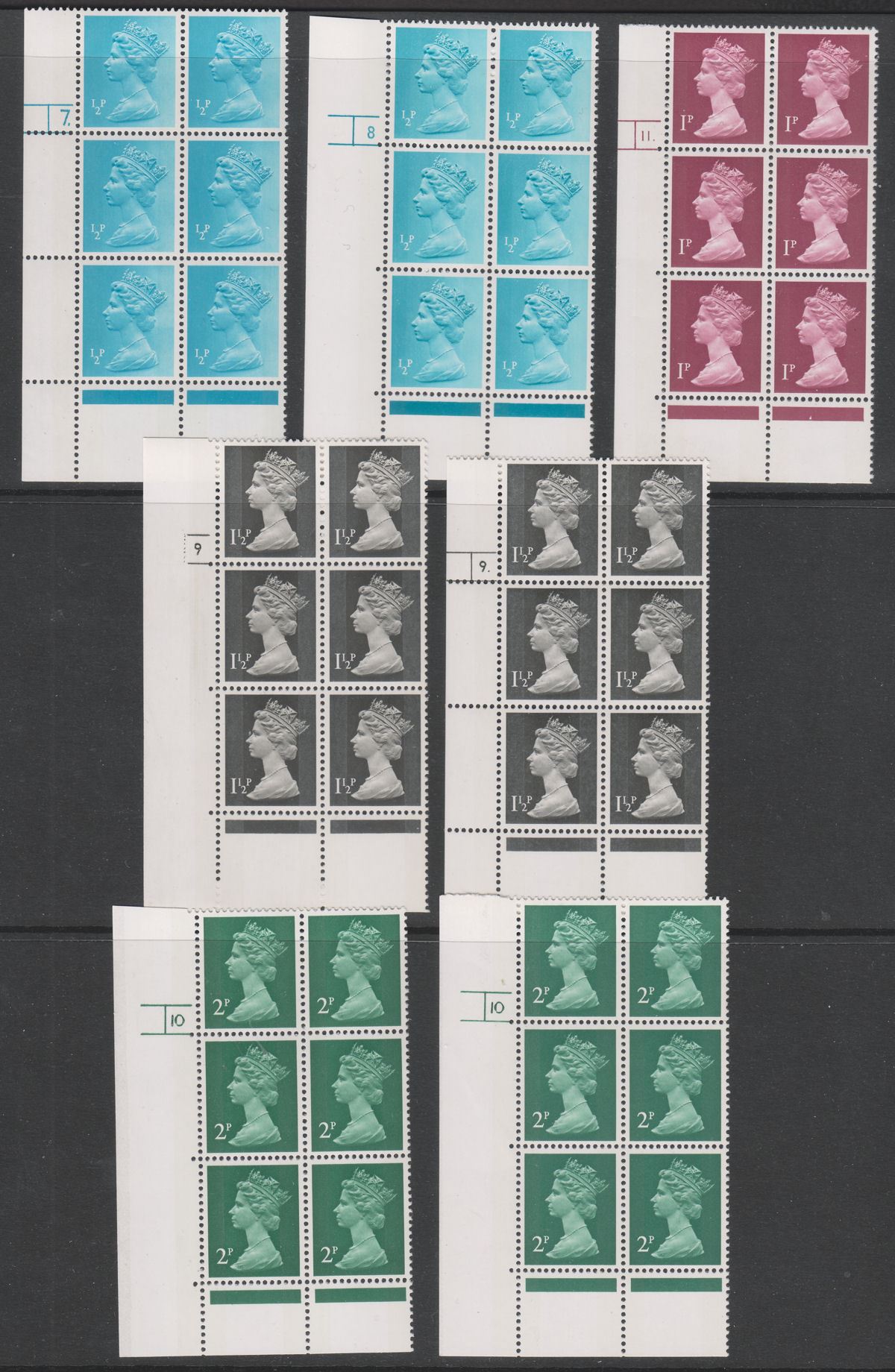QEII 1971 Machin ½p, 1p 1½p 2p Two Phosphor Bands w Cylinder Numbers Blocks Mint - British ...