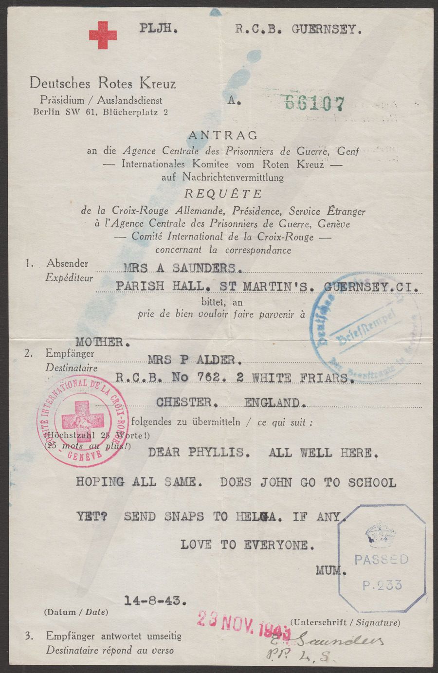 German Red Cross 1943 War Occupation Message Form Used Guernsey to ...