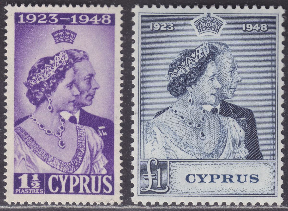 Cyprus 1948 KGVI Royal Silver Wedding 1½pi, £1 Mint SG166-167 cat £60 ...