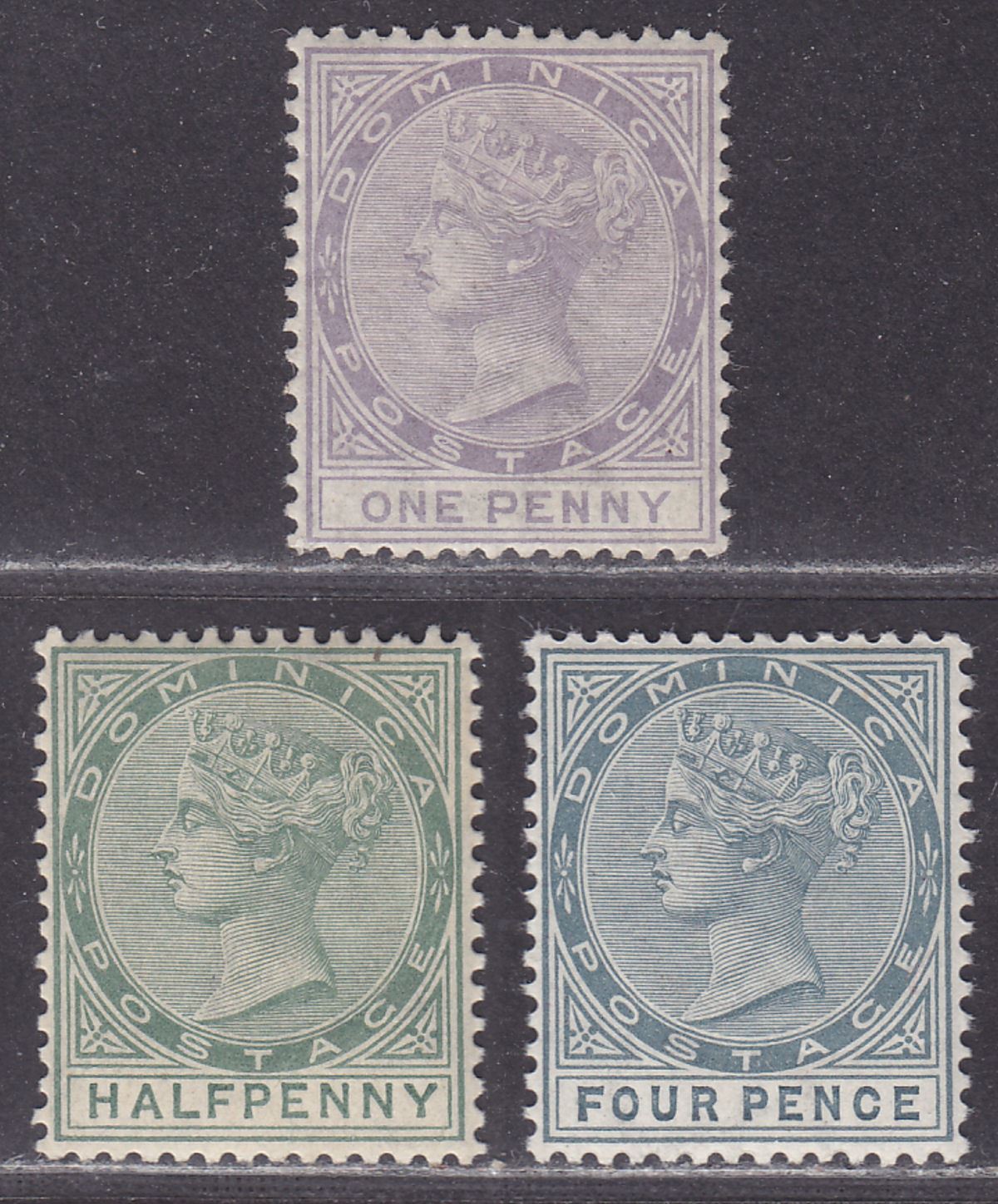 Dominica 1886 Queen Victoria 1d Lilac, ½d Dull Green, 4d Grey Mint cat ...