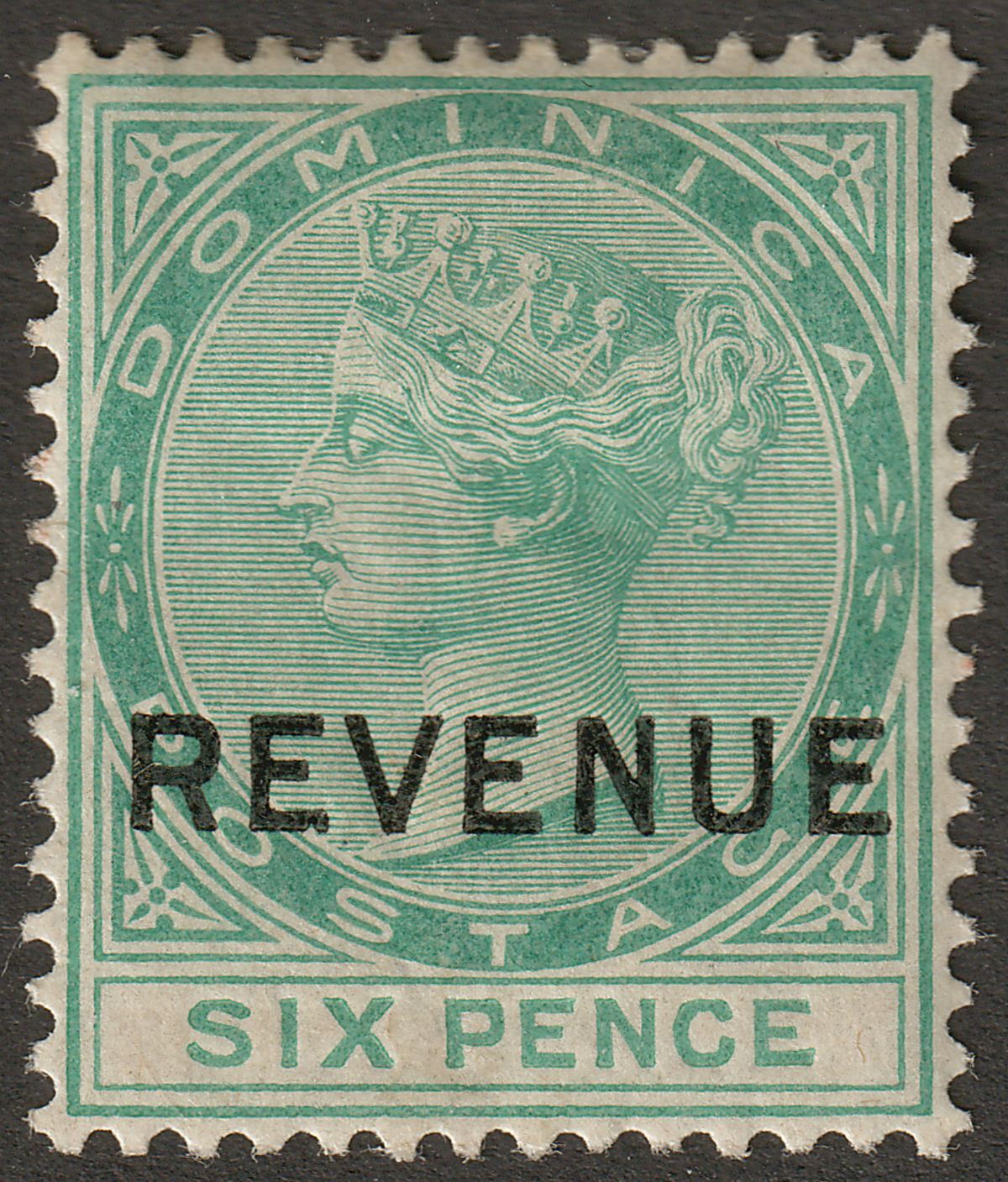 Dominica 1878 QV Revenue Overprint 6d Green wmk Inverted Mint cat £130 ...