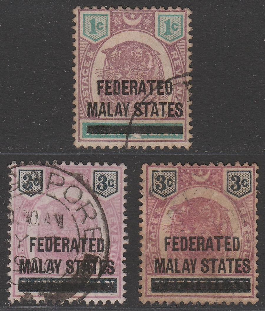 Malaya Federated Malay States 1900 QV Tiger 1c, 3c x2 Overprint Used ...