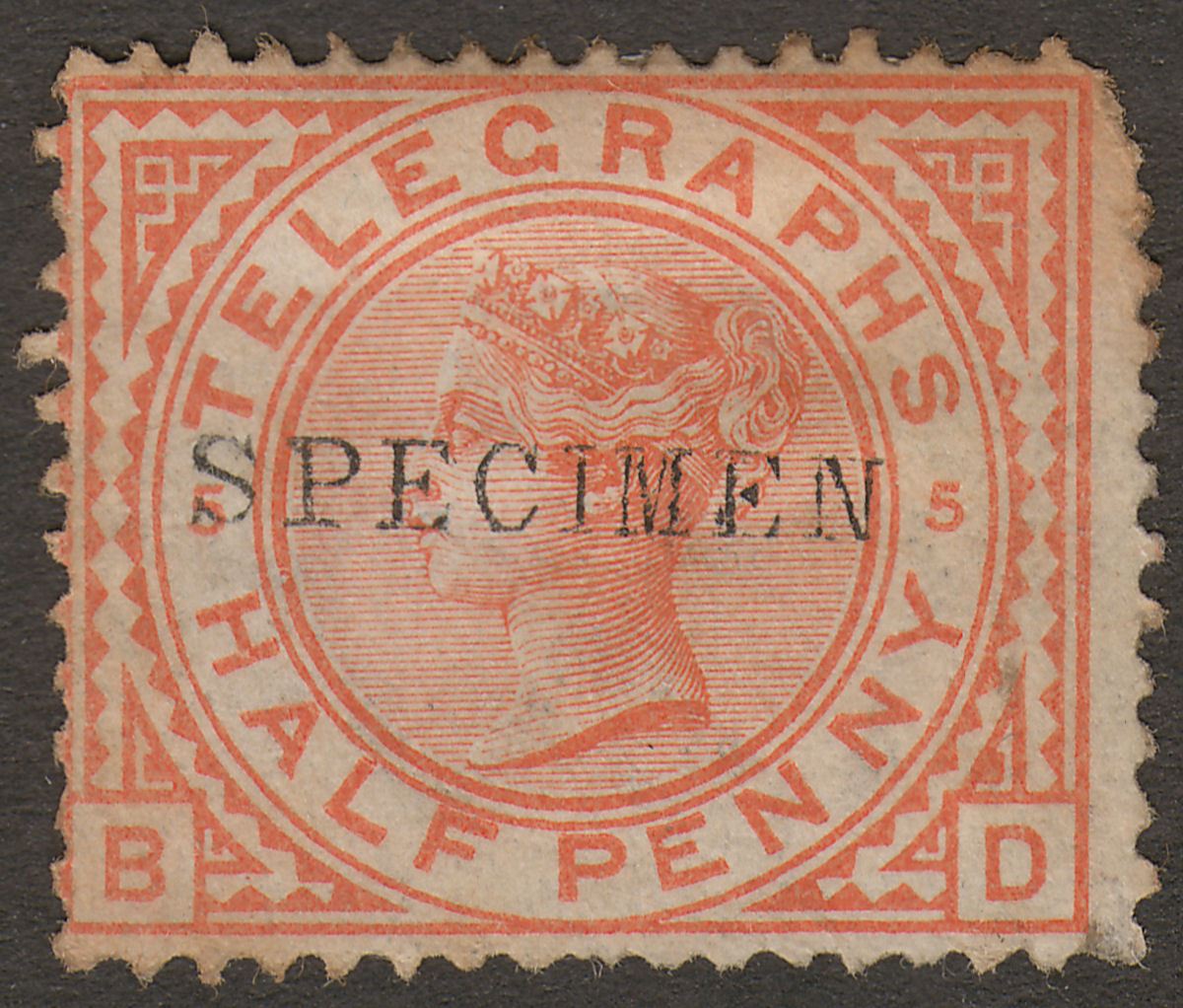 Qv 1880 Telegraph Stamp ½d Orange Specimen Type 9 Unused Sg T1s Cat £60 Faults British