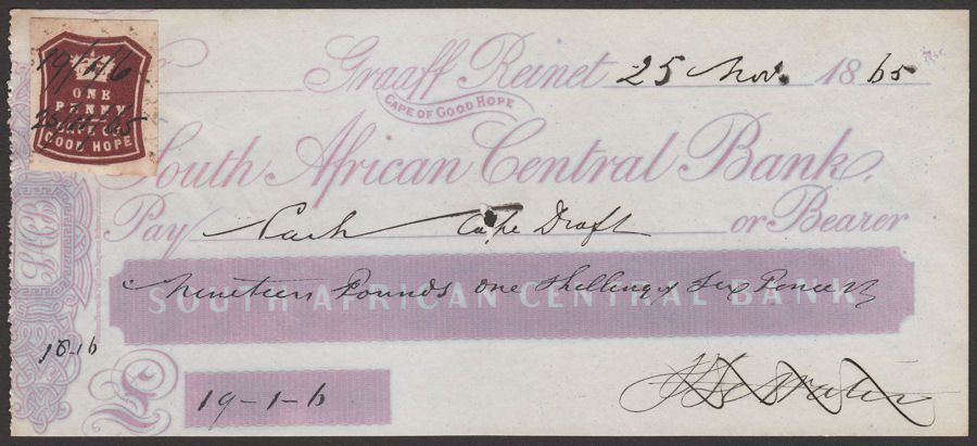 Cape of Good Hope 1865 1d Revenue used on £19 South African Central ...