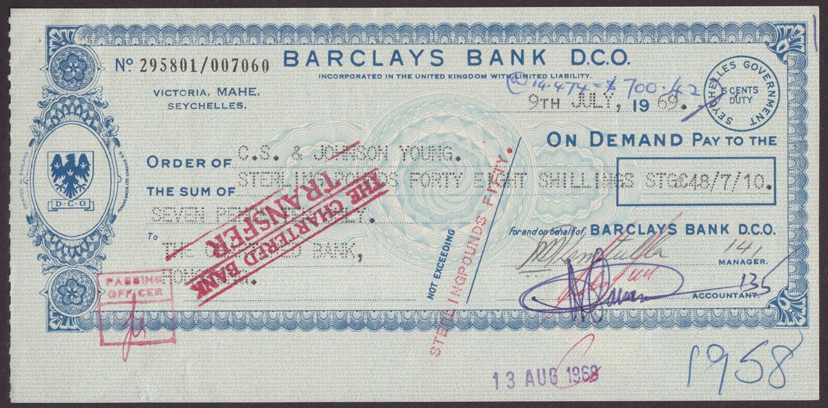 Hong Kong 1969 QEII Bill of Exchange 25c on 15c Barclays Bank Cheque ...