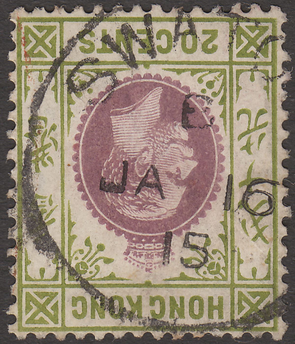 Hong Kong 1915 KGV 20c Purple + Sage-Green Used w SWATOW Postmark SG ...