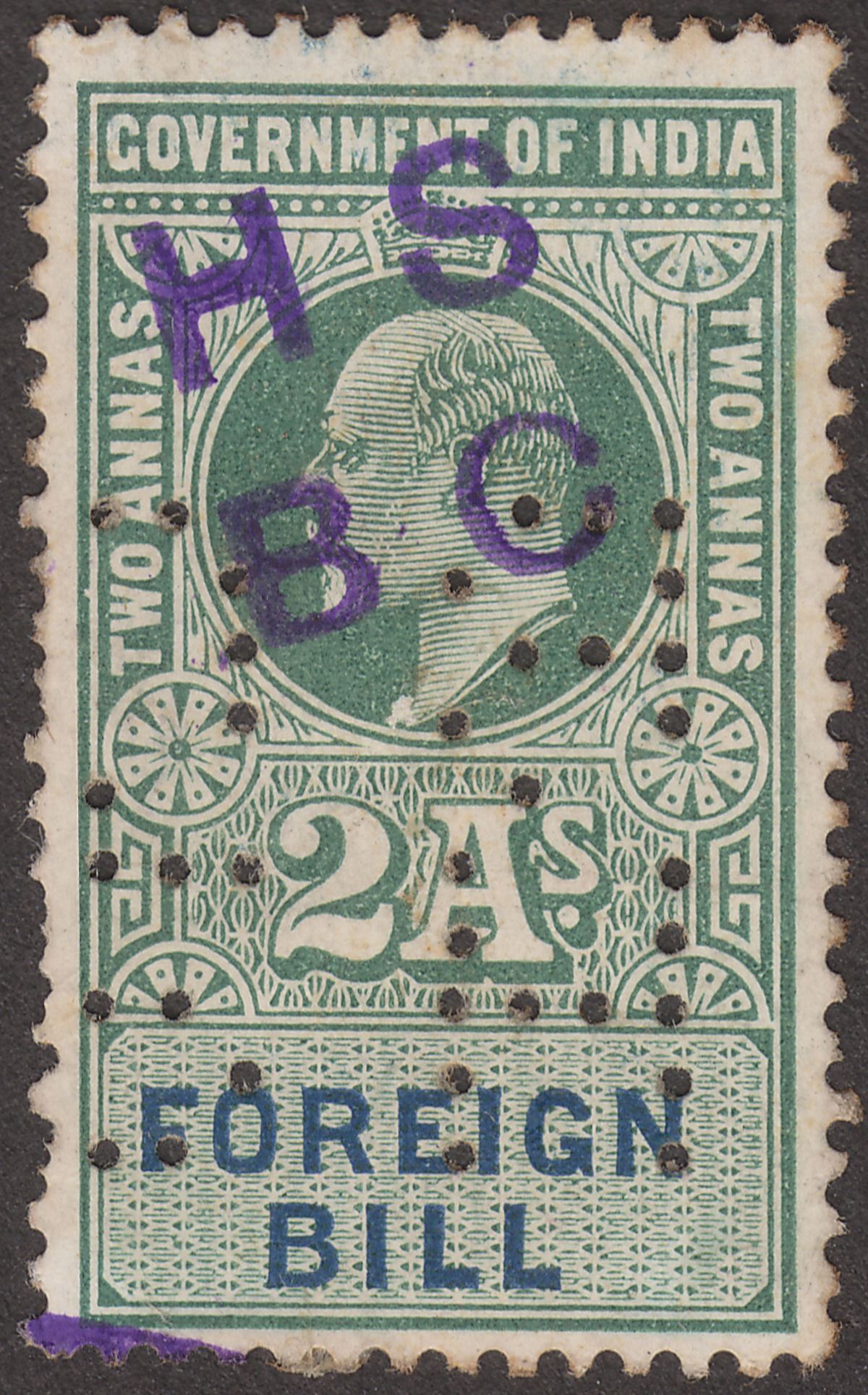 India 1904 KEVII Revenue Foreign Bill 2a Green and Blue HSBC Perfin ...
