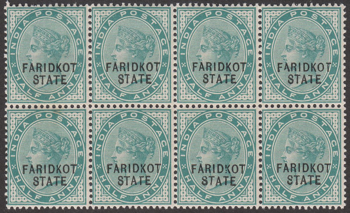 Indian States Faridkot 1887 QV ½a Overprint Block w Broken Letter ...