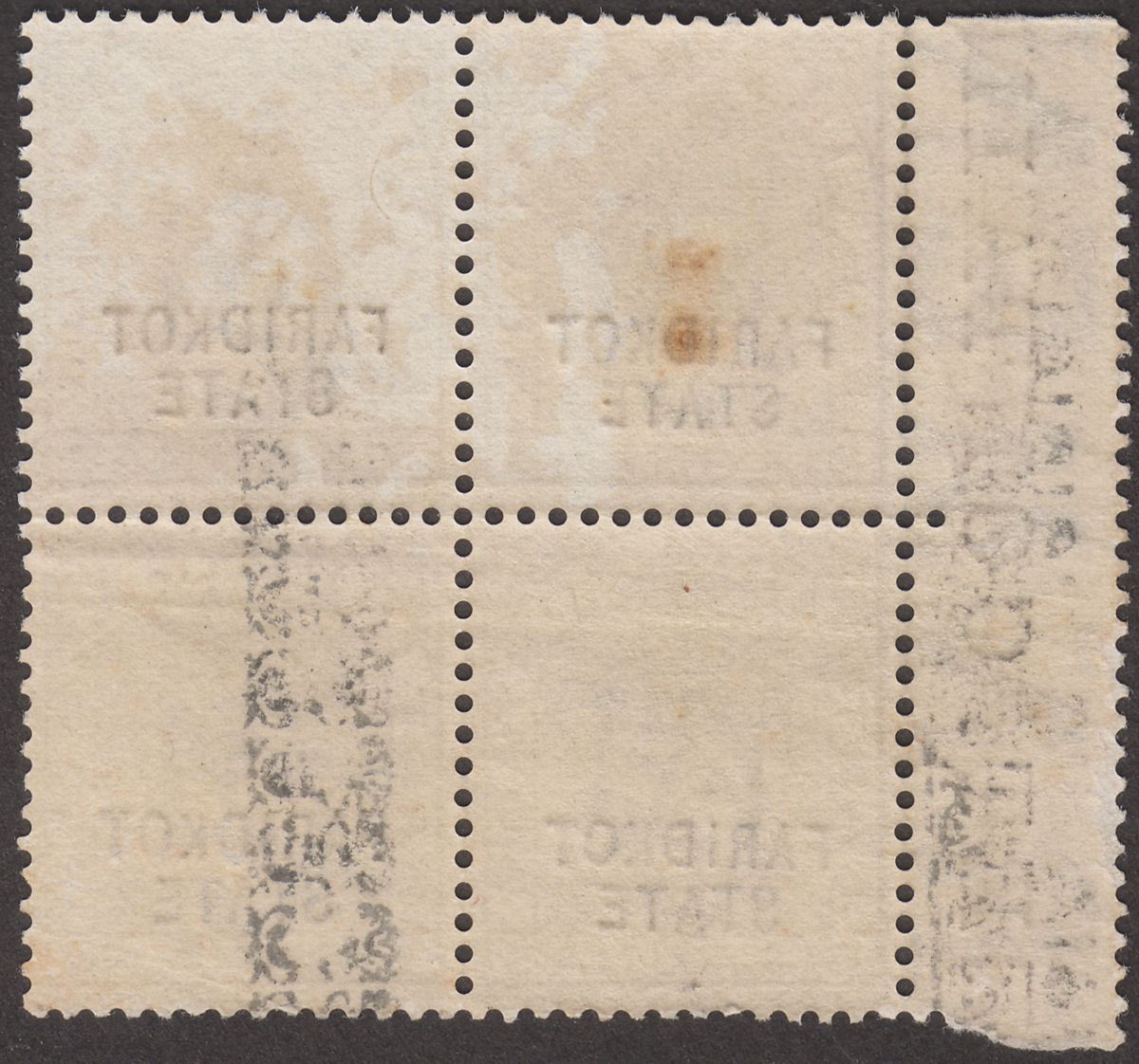 Indian States Faridkot 1887 QV 6a Overprint Block of 4 w Broken S ...