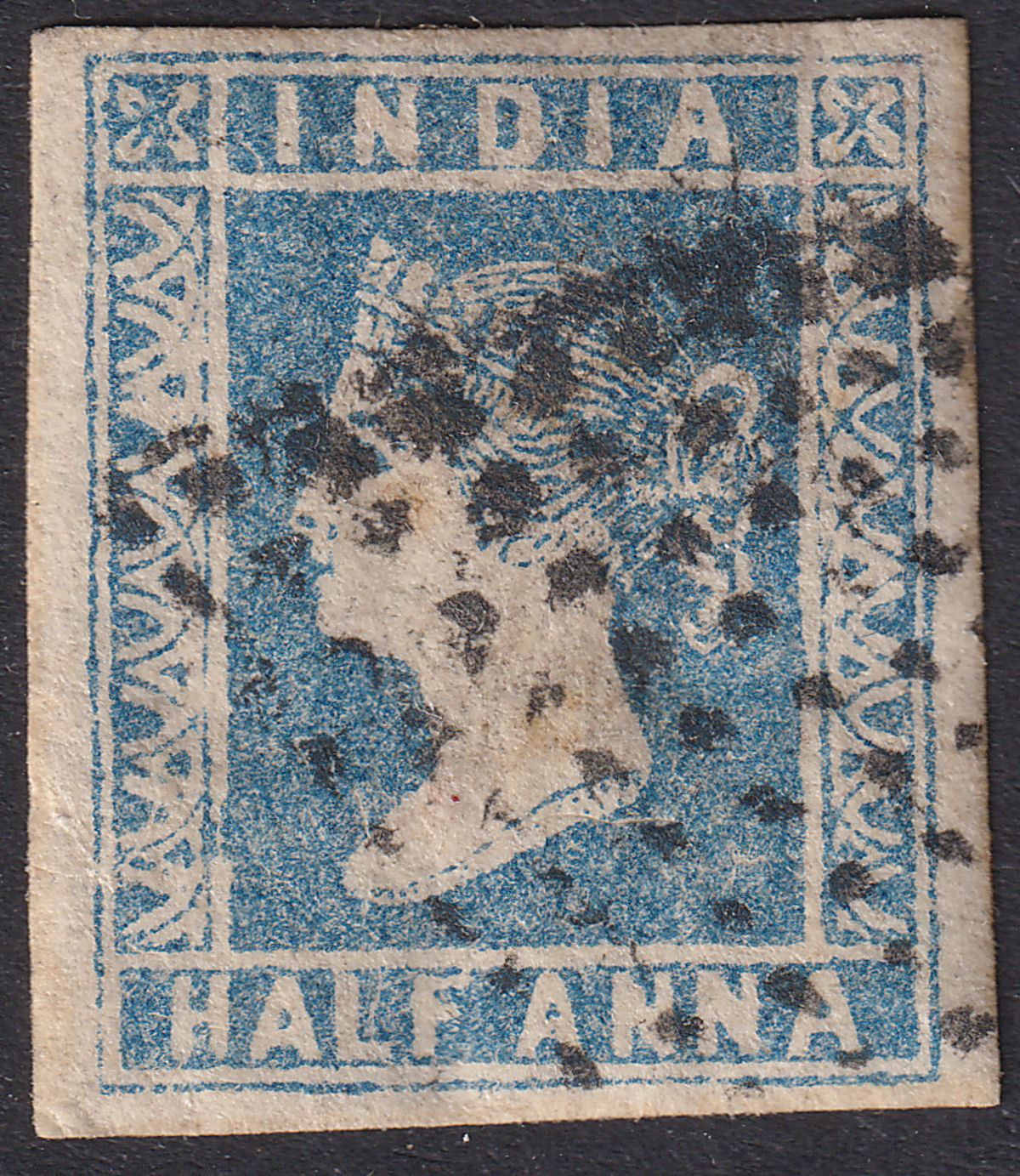 India 1854 QV ½a Pale Blue Die I Used SG3 cat £70 4 margins diamond dot ...