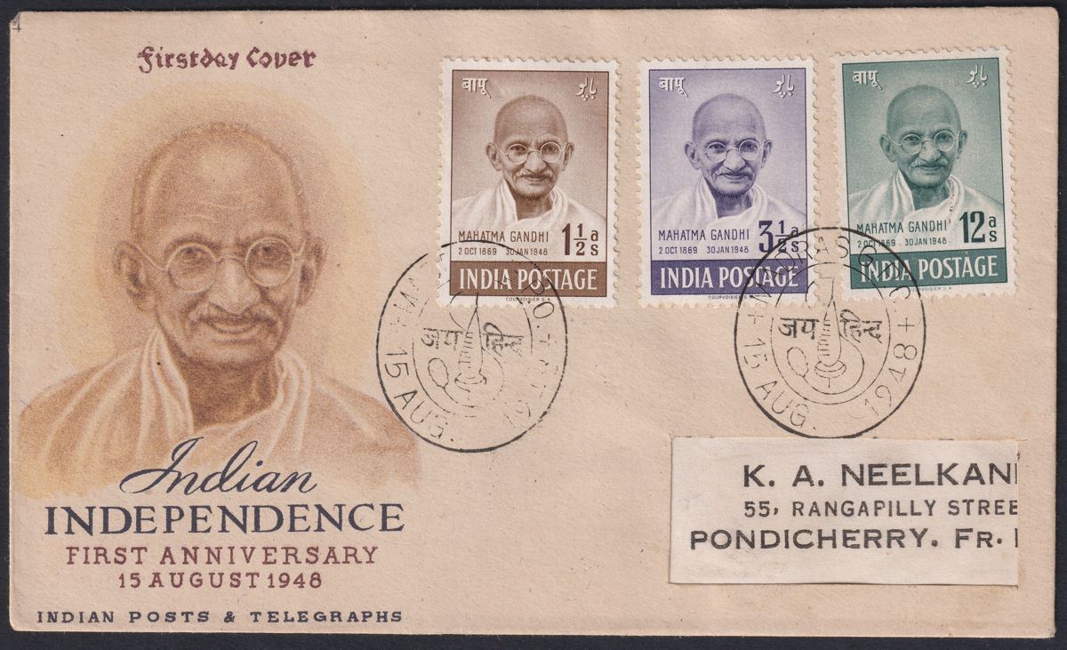 India 1948 Gandhi Independence Set to 12a Used on Illustrated First Day ...