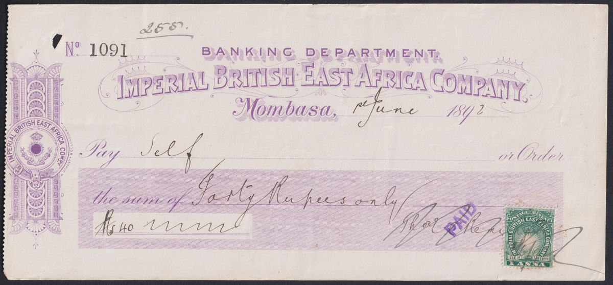 British East Africa 1892 QV unopted 1a Blue-Green Used on 40 Rupee Bank ...