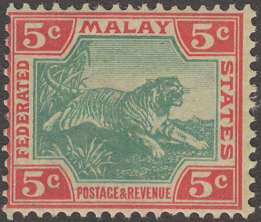 Federated Malay States 1922 Tiger 5c Dp Green Carmine On Pl Yellow