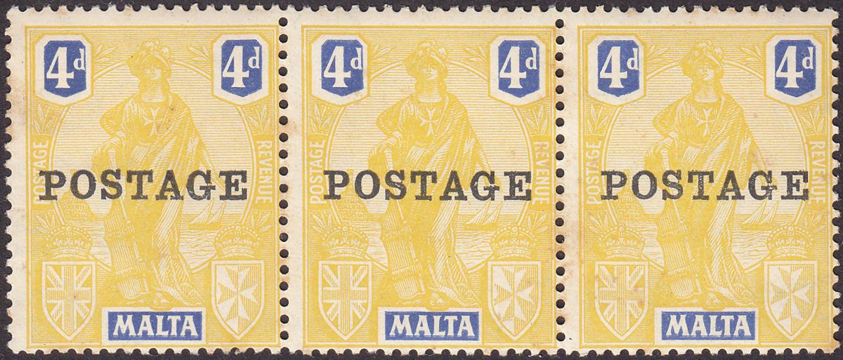 Malta 1926 KGV Figure Postage Overprint 4d Strip of 3 Mint SG150 cat £ ...