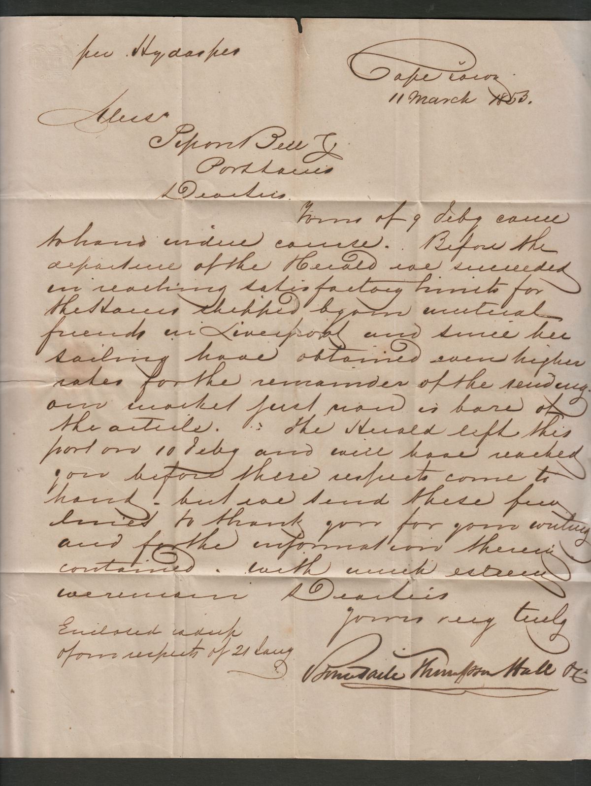 Mauritius 1853 Incoming Entire from Cape Town w Packet Letters Oval by ...