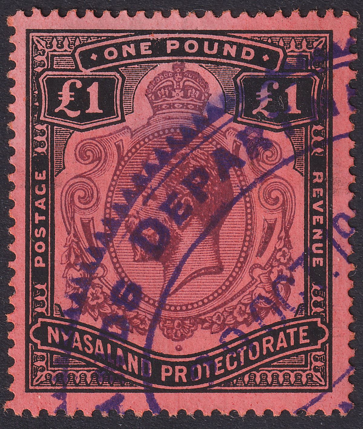 Nyasaland 1913 KGV £1 Purple and Black on Red Fiscally Used SG98 poor ...