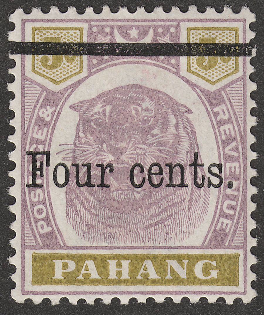 Malaya Pahang 1899 QV Tiger 4c Surcharge on 5c Dull Purple and Ol-Yel ...