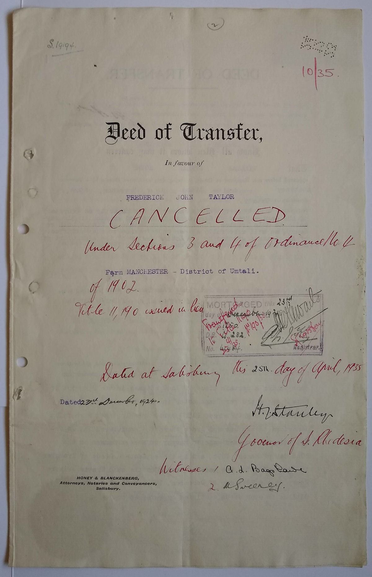 Southern Rhodesia 1924 KGV Revenue £5, 10sh Used Deed Transfer Document ...