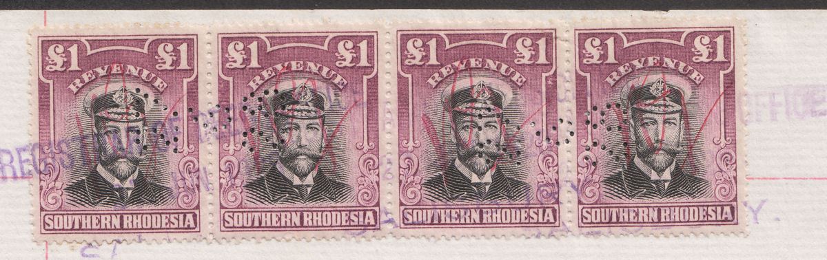 Southern Rhodesia 1928 KGV Revenue £1 x 4, 10sh Used Deed of Transfer ...