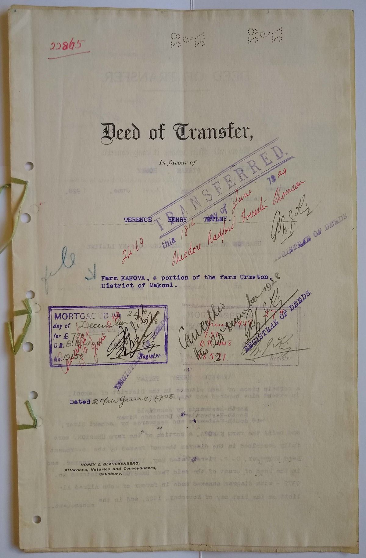Southern Rhodesia 1928 KGV Revenue £1 x 4, 10sh Used Deed of Transfer ...