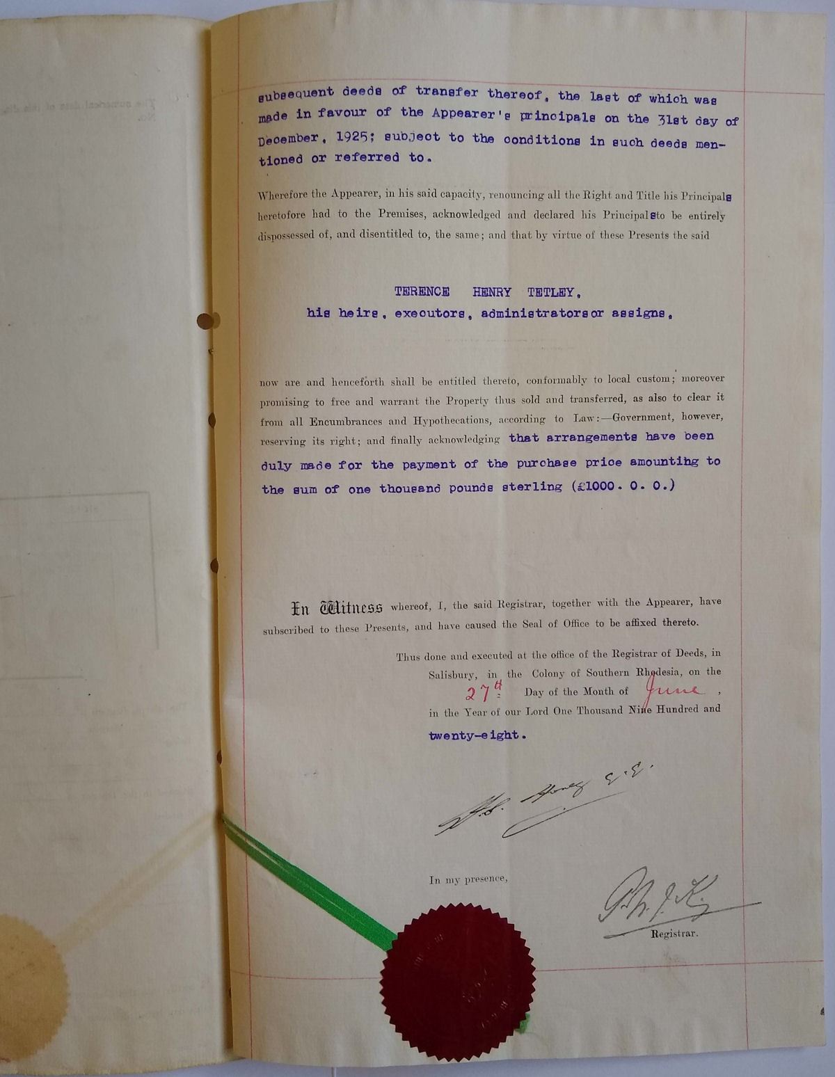 Southern Rhodesia 1928 KGV Revenue £1 x 4, 10sh Used Deed of Transfer ...