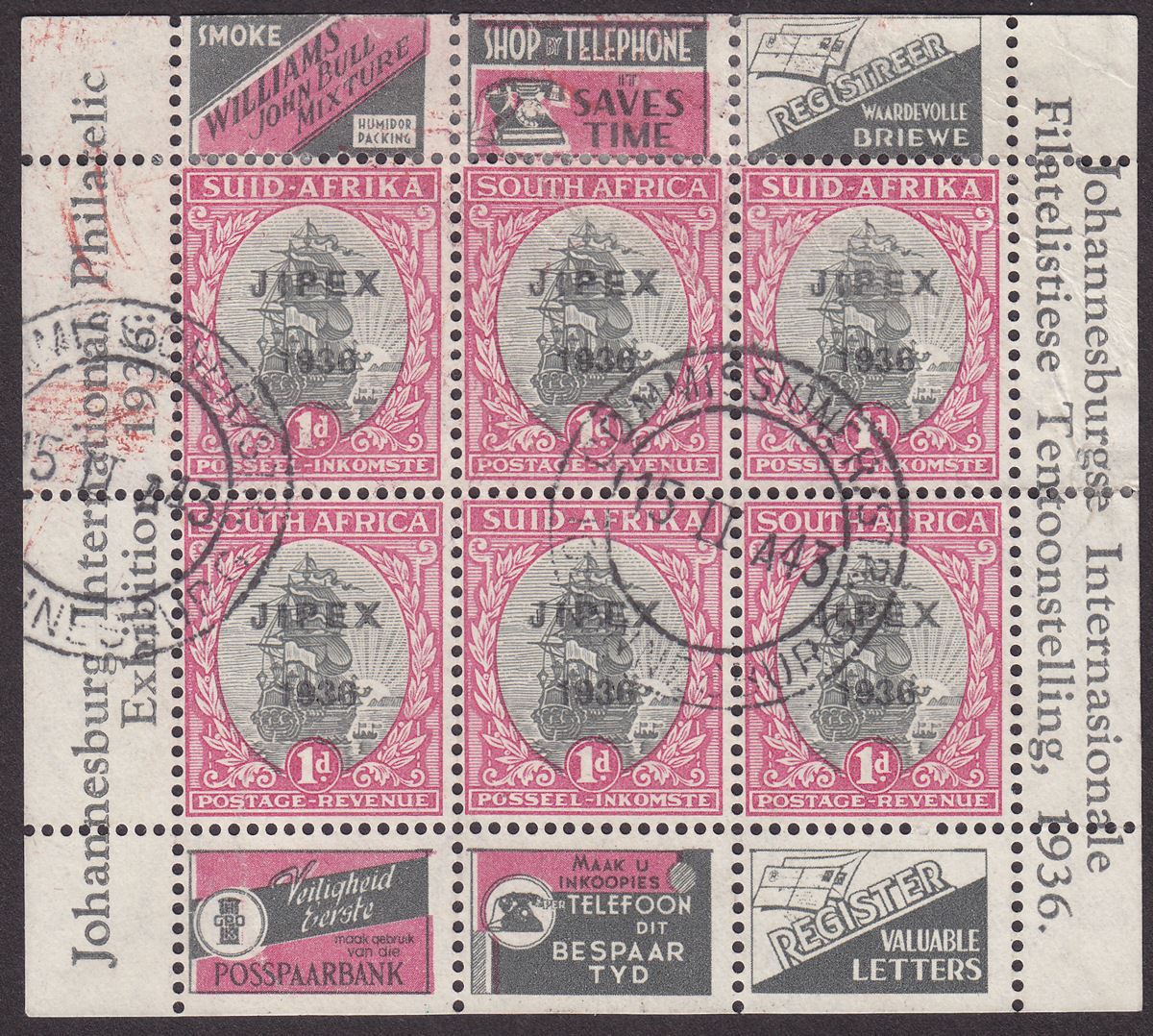 South Africa 1936 KGV 1d JIPEX Overprint Miniature Sheet Used SG MS70 ...