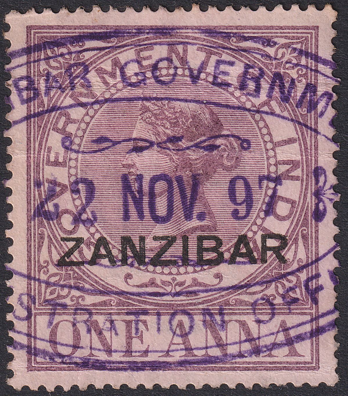 Zanzibar 1897 QV Revenue Overprint on India 1a Lilac Used BF1 - British ...